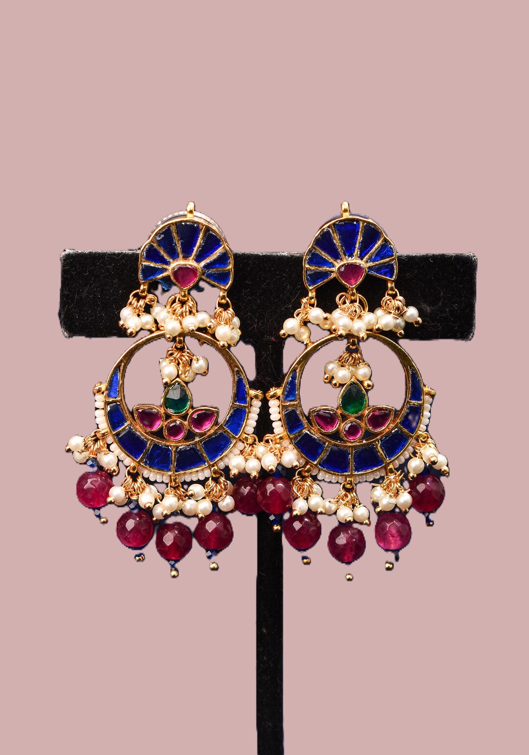 2.2 Unique Blue Stone Jadau Chandbali Earrings With Pink Fuchsia Stones ...