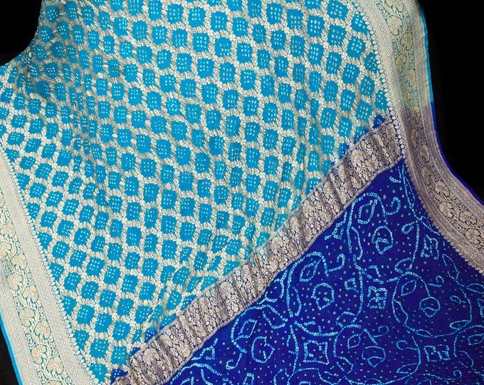 Blue and Cobalt Blue Half and Half Exquisite Bandhni Saree With Jaal ...