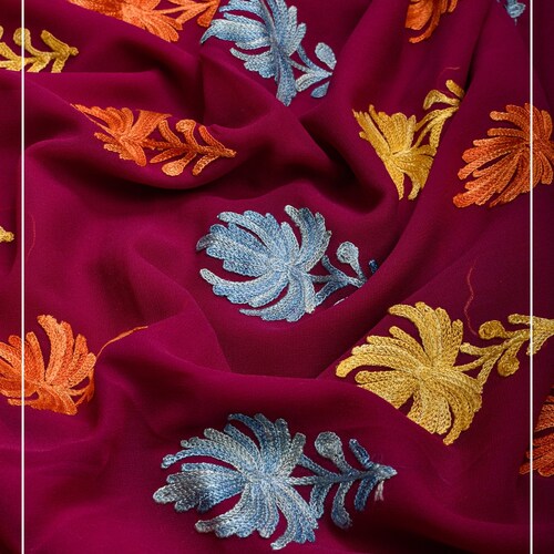 Chinar Design Kashmiri Aari Work Wide Border on Berry Georgette Saree ...