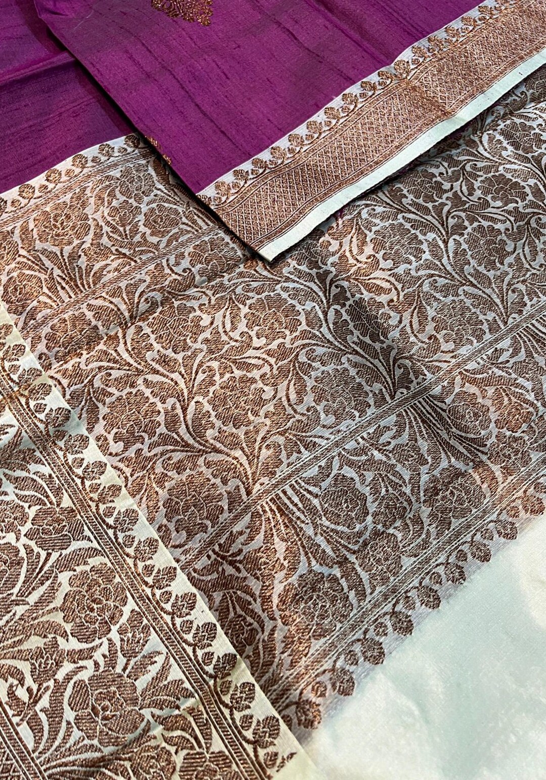 Plum Tussar Silk Saree With Antique Zari and Cream Contrast | SILK MARK ...