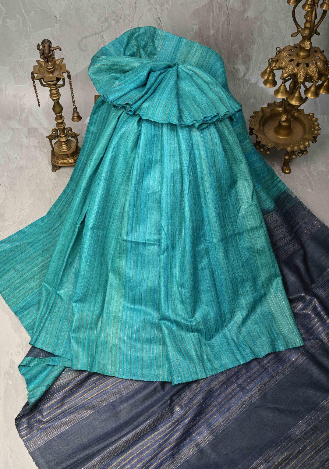 Turquoise Geecha Tussar Saree With Woven Sequins | SILK MARK CERTIFIED ...