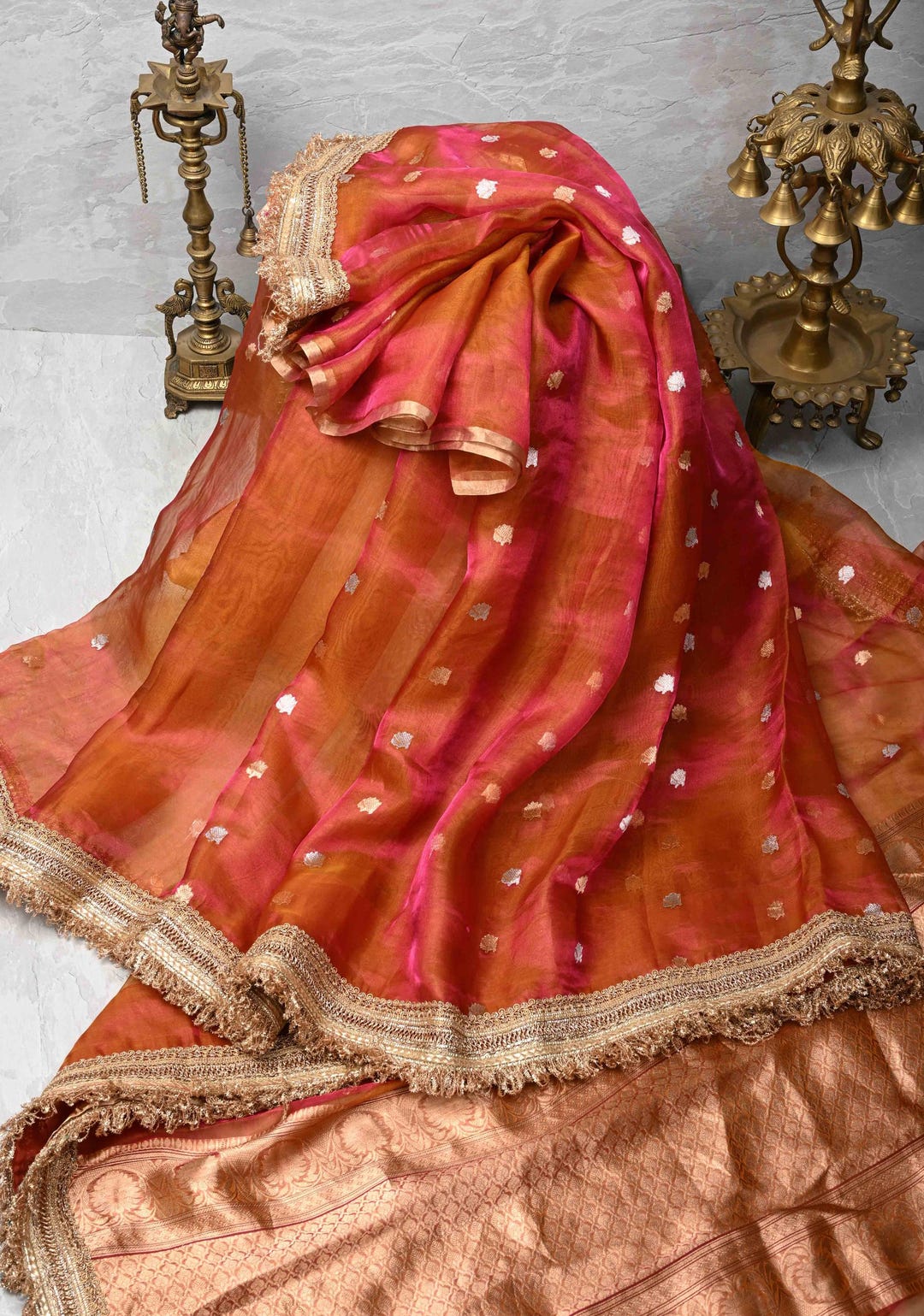 Orange Dual Tone Organza Silk Saree With Sona Rupa Zari Buttas and Lace ...