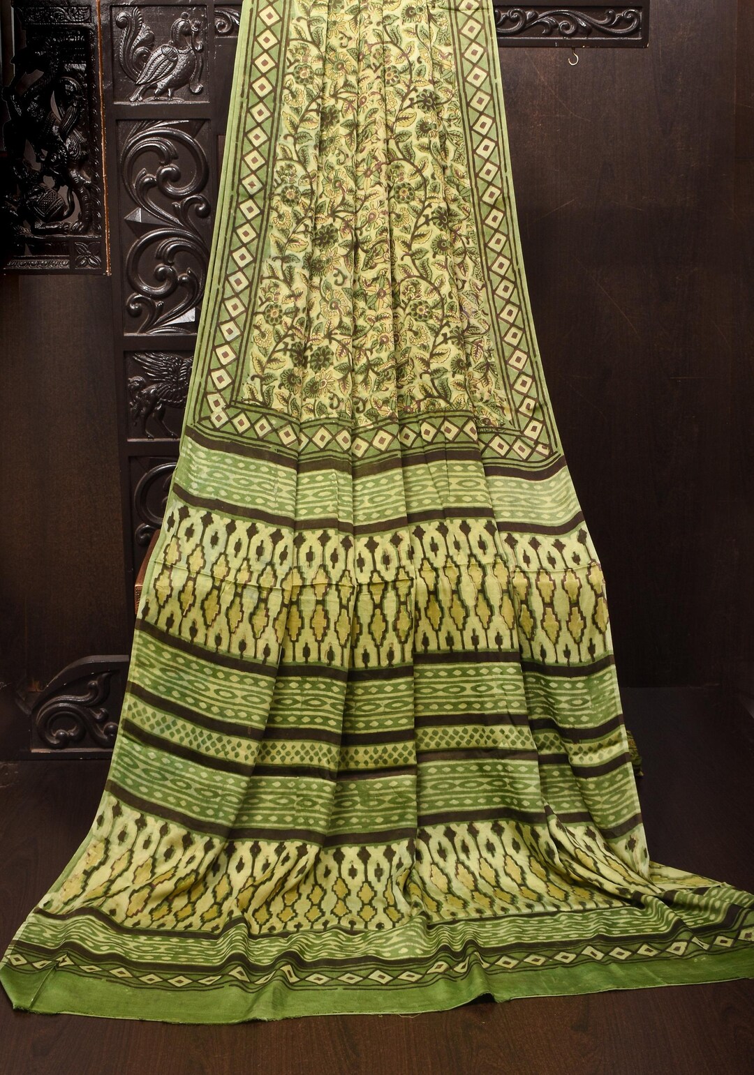 Vanaspati Hand Block Print on Modal Silk Saree in Moss Green - Etsy