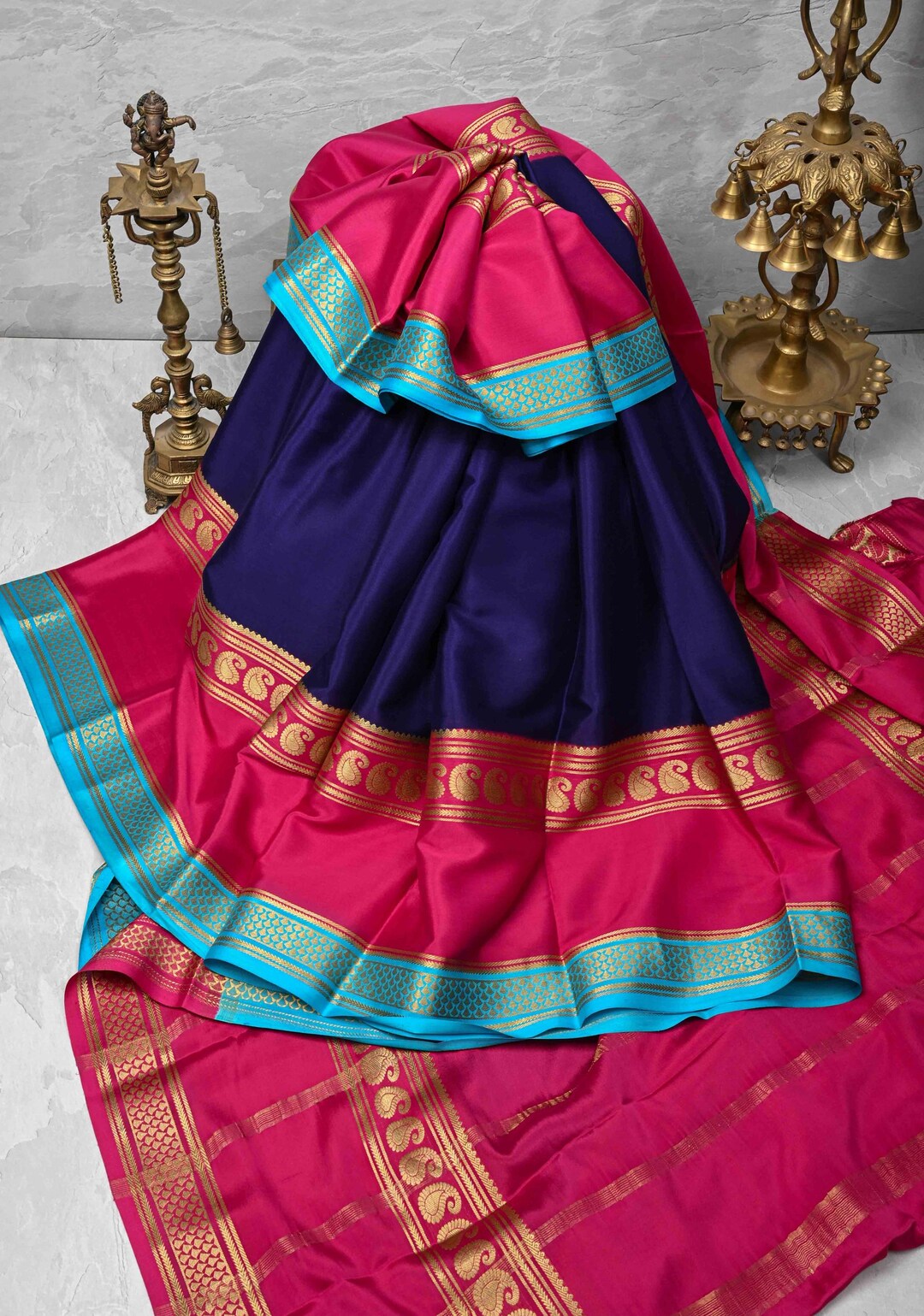 Navy Blue Mysore Silk Saree With Pink Panel and Zari Border in Ksic ...