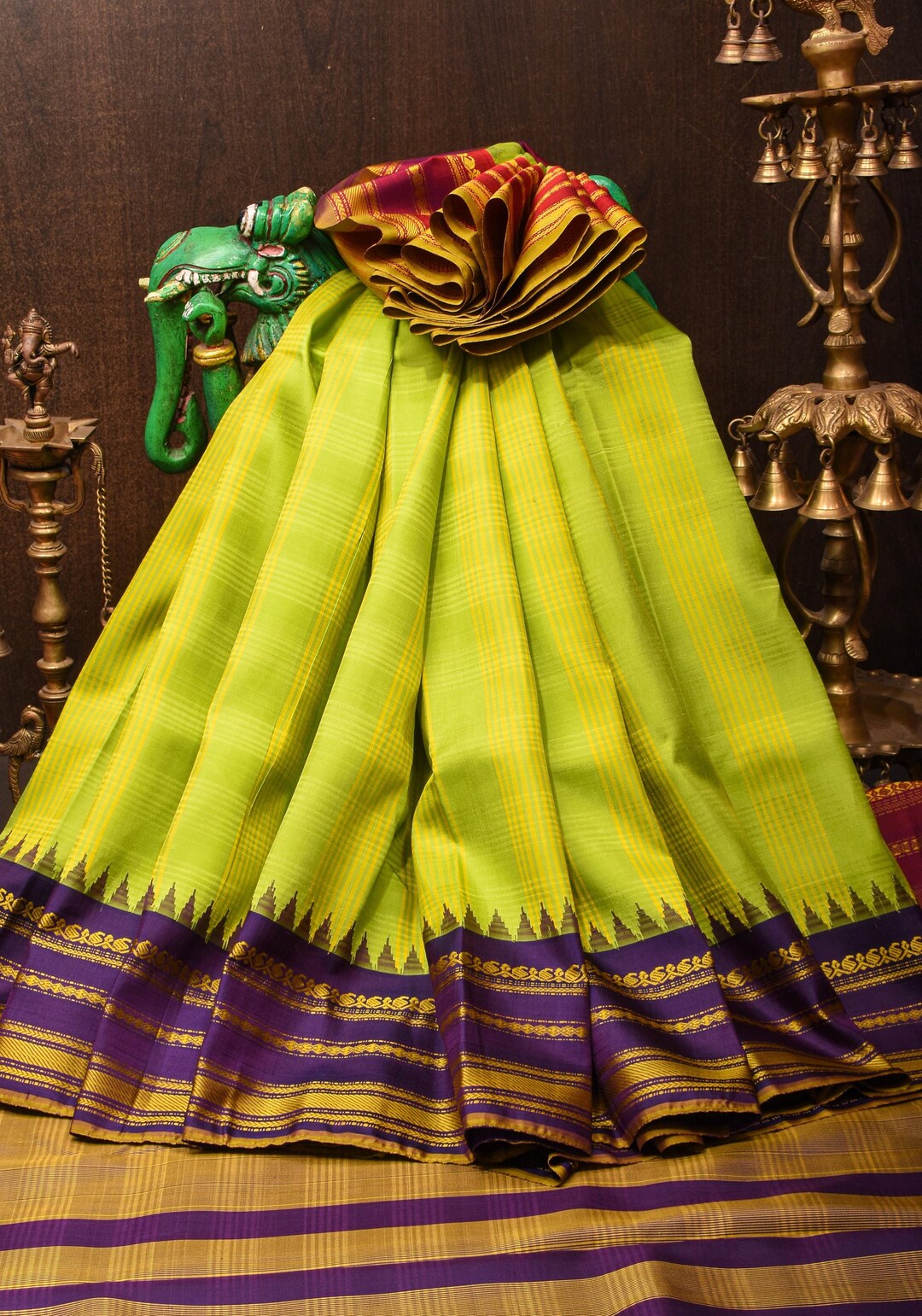 Chartreuse Checks Gadwal Silk Saree With Ganga Jamuna Borders | SILK ...