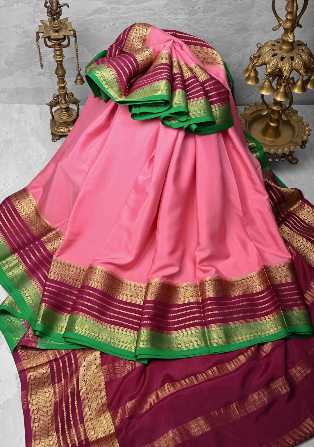 Rose Pink Pure Mysore Silk Saree With Zari Borders in Ksic Grade ...