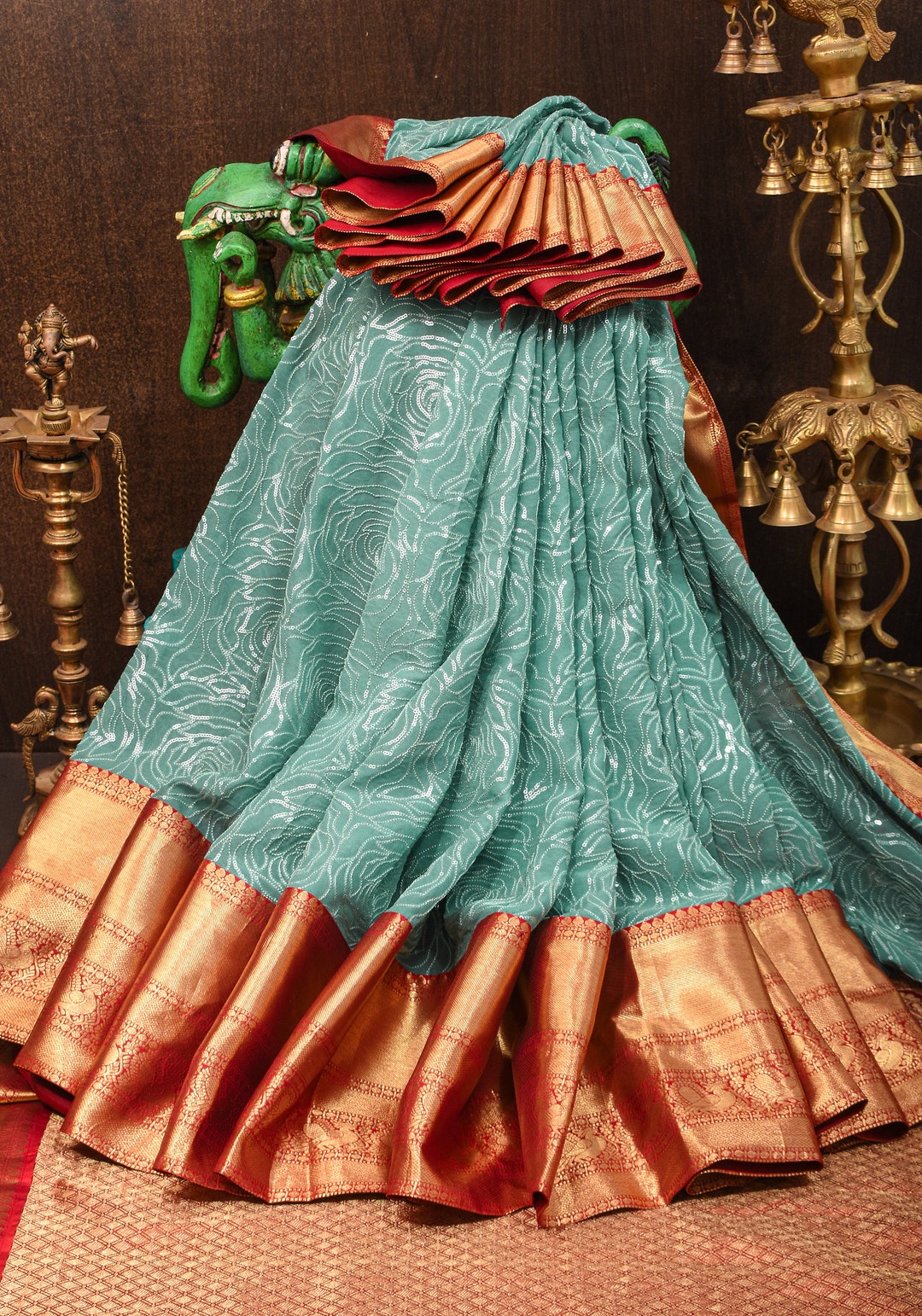 Sage Green Stunning Saree Sequin on Net With Wide Zari Border ...