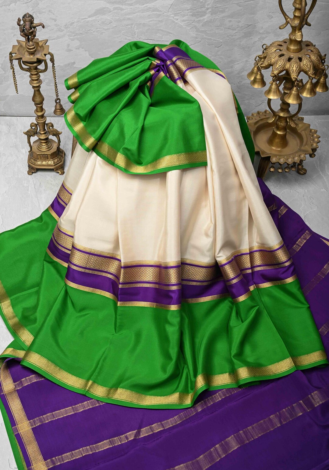 Ivory Mysore Silk Saree With Green Panel and Zari Border in Ksic Grade ...