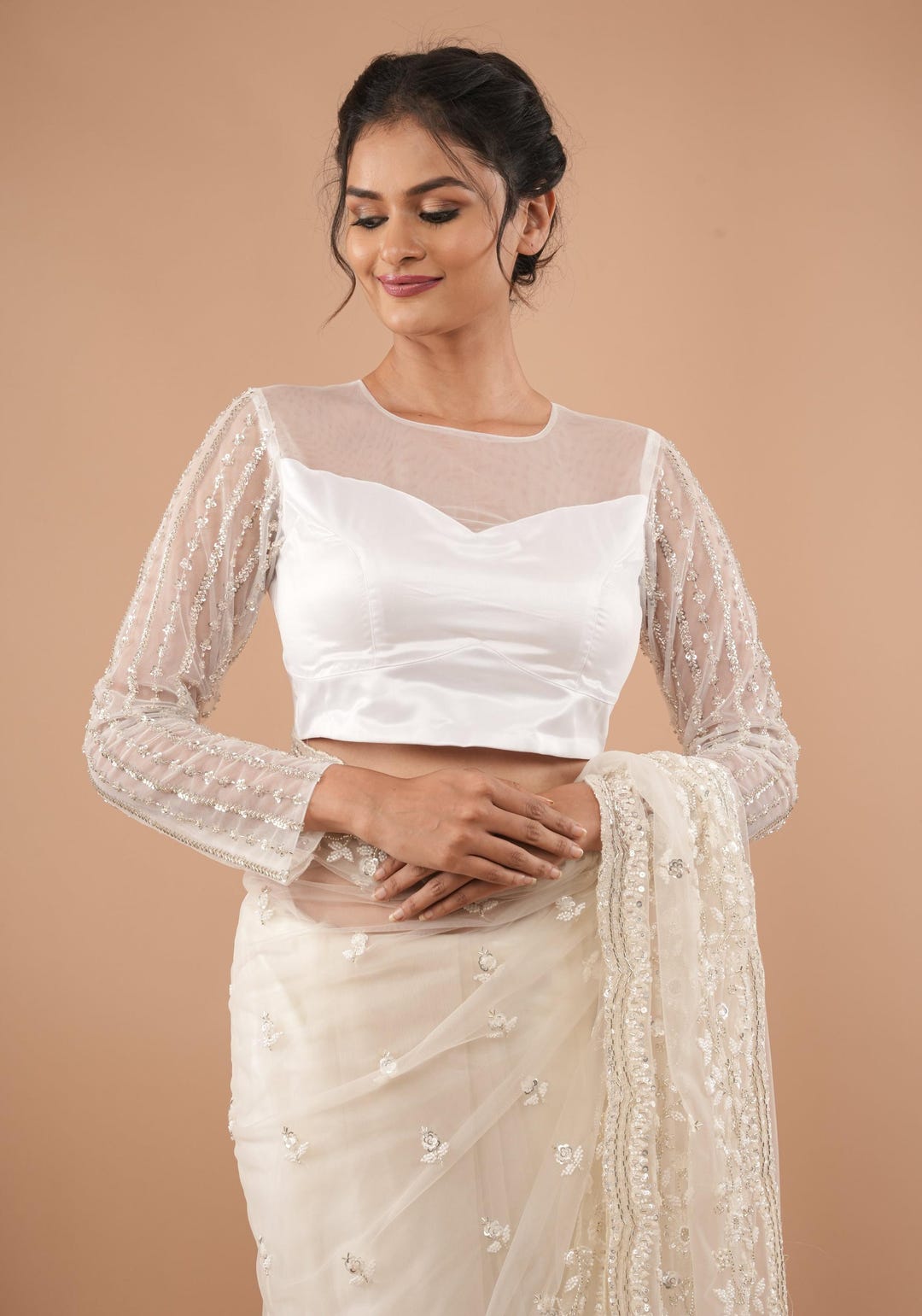 White Net Sheer Yoke Blouse With Cutdana Full Sleeves, Made to Order - Etsy