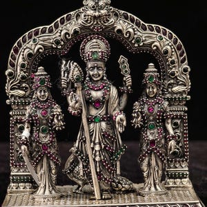 92.5 Silver Lord Murugan Family 2D Idol With Arch and Kemp Stone ...