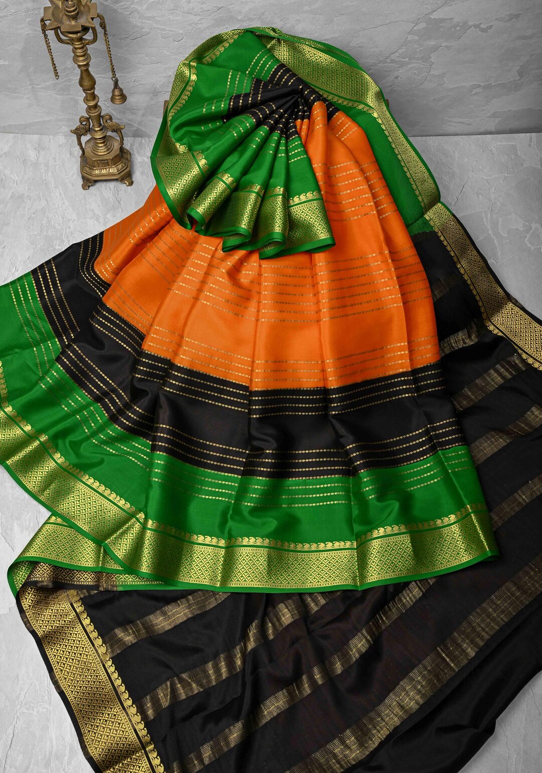Orange Mysore Silk Saree With Horizontal Zari Stripes and Panel Border ...