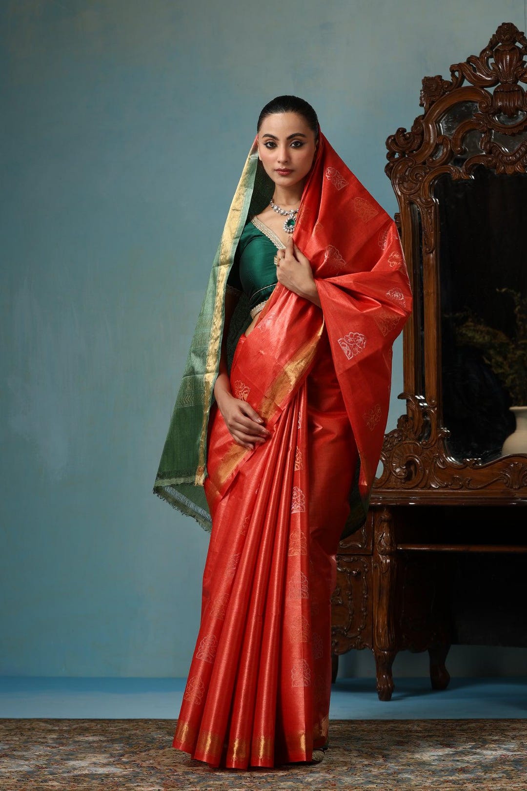 Vermillion Kosa Silk Handwoven Saree With Sage Green Pallu and ...