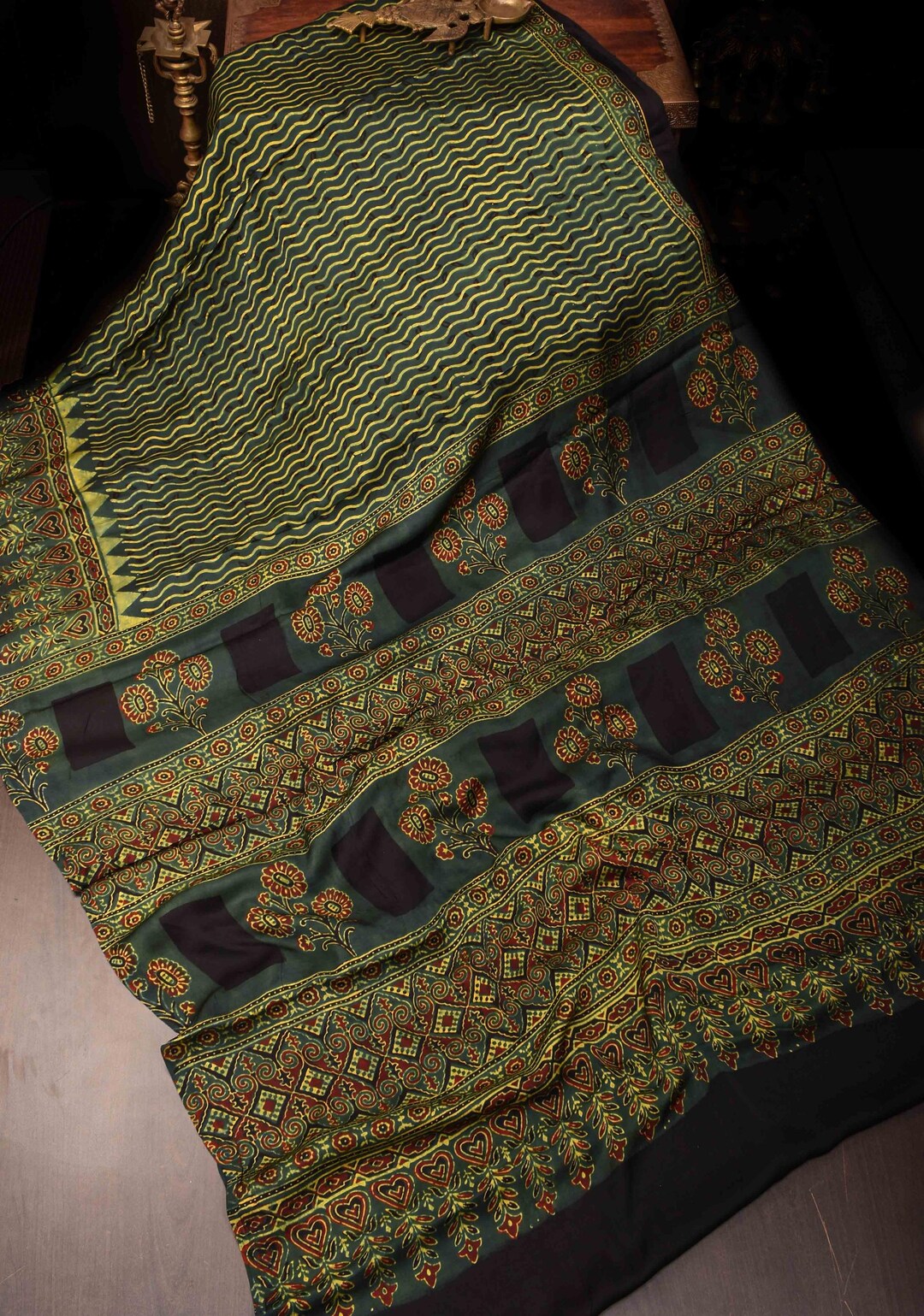 Vanaspati Print in Jungle Green Hand Block Print on Modal Silk Saree - Etsy