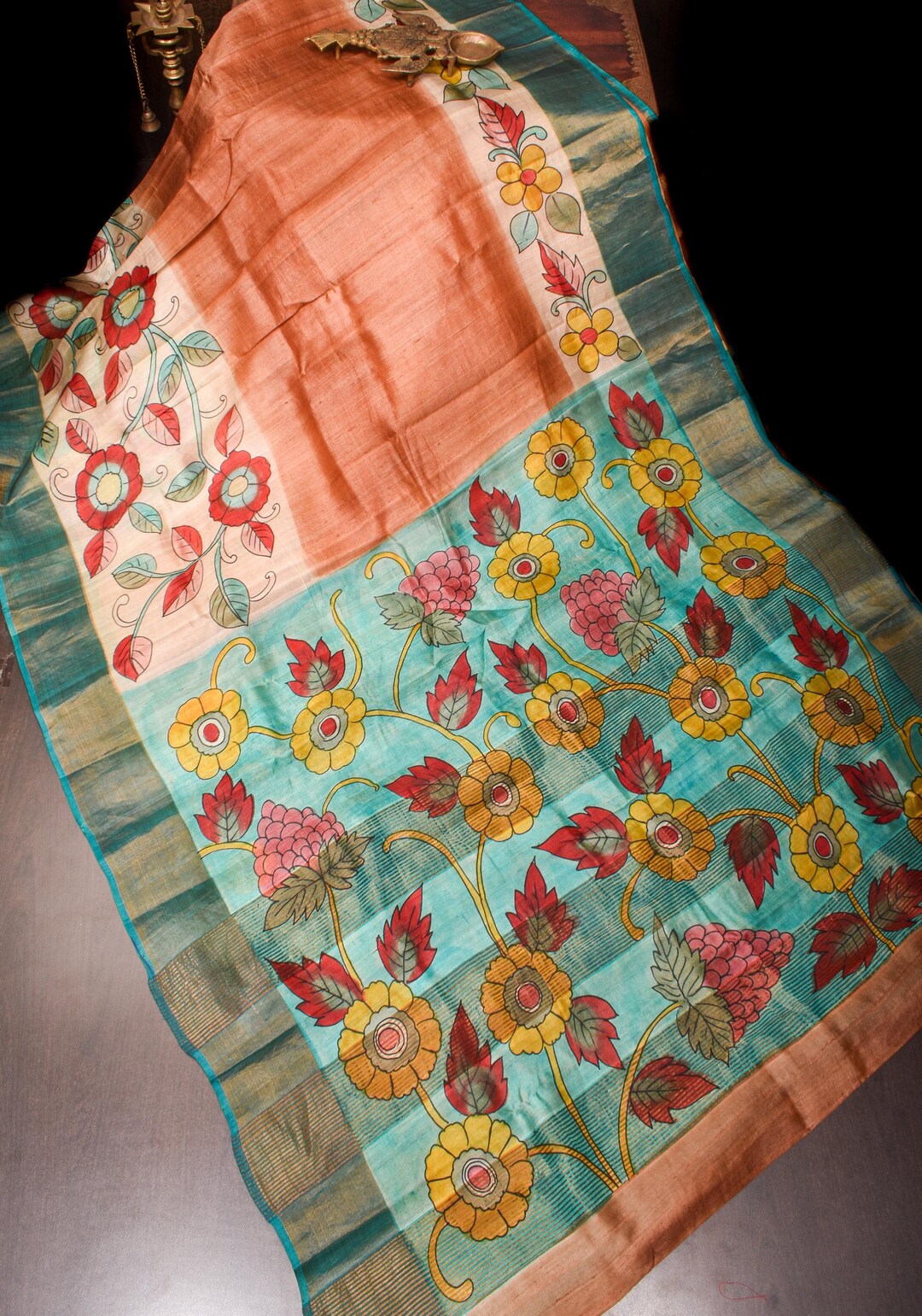 Terracotta Jari Tussar Silk Saree With Floral Kalamkari Digital Print ...