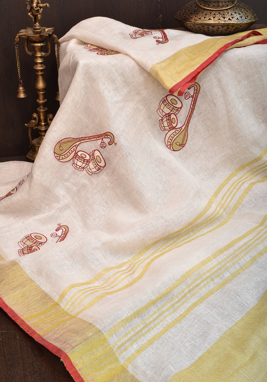 Linen by Linen Saree in White With Musical Instruments Embroidery ...
