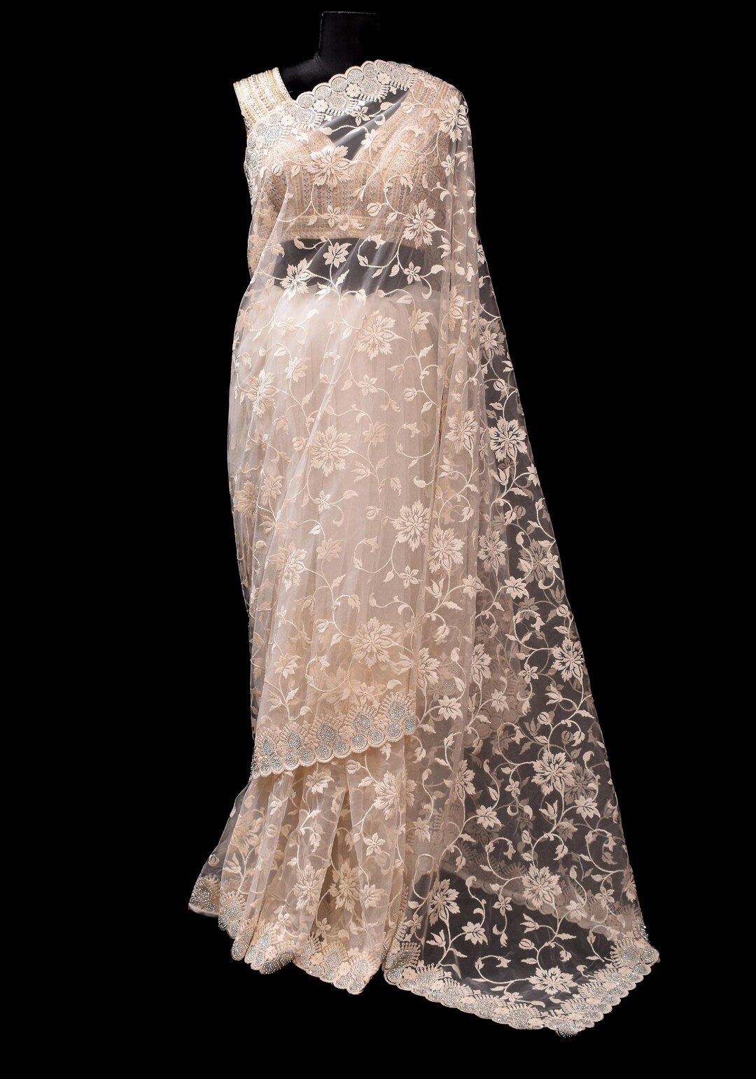 Ivory Floral Embroidery Design With Stone Work on Net Saree and Scallop ...