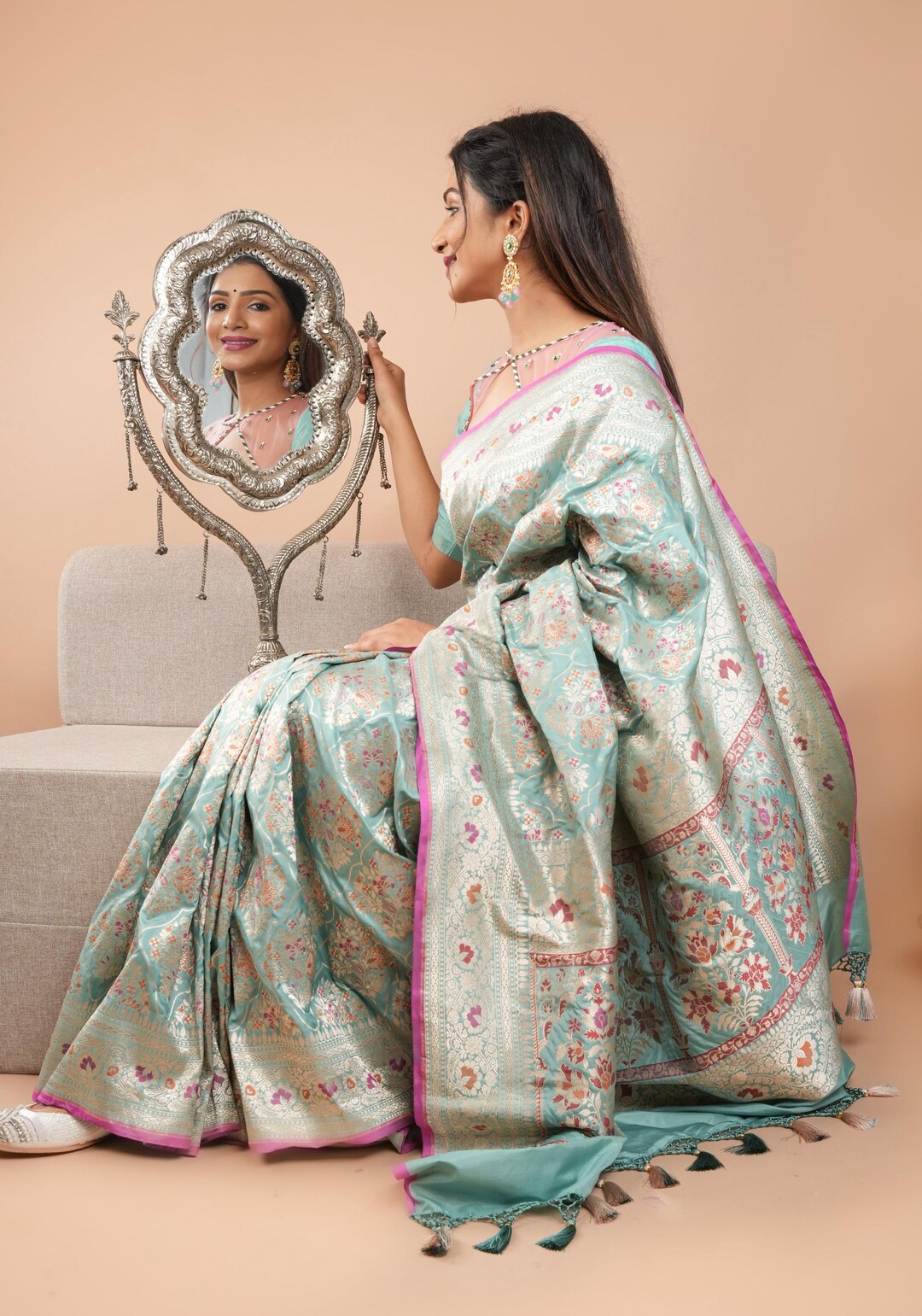 Mint Green Exquisite Meenakari Floral Pattern Jaal Pure Katan Silk ...