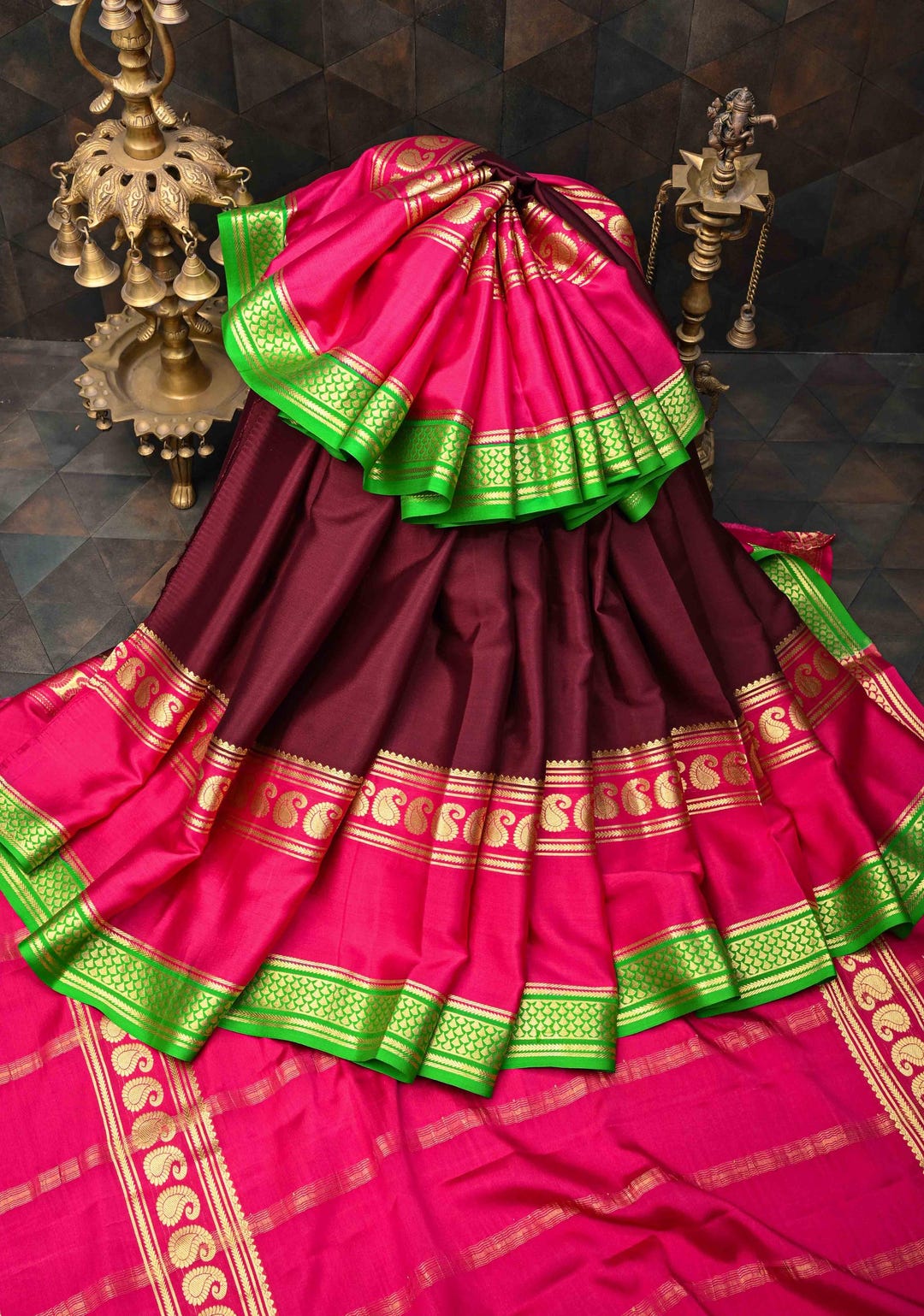 Purple and Pink Mysore Silk Saree With Contrast Zari Border in Ksic ...