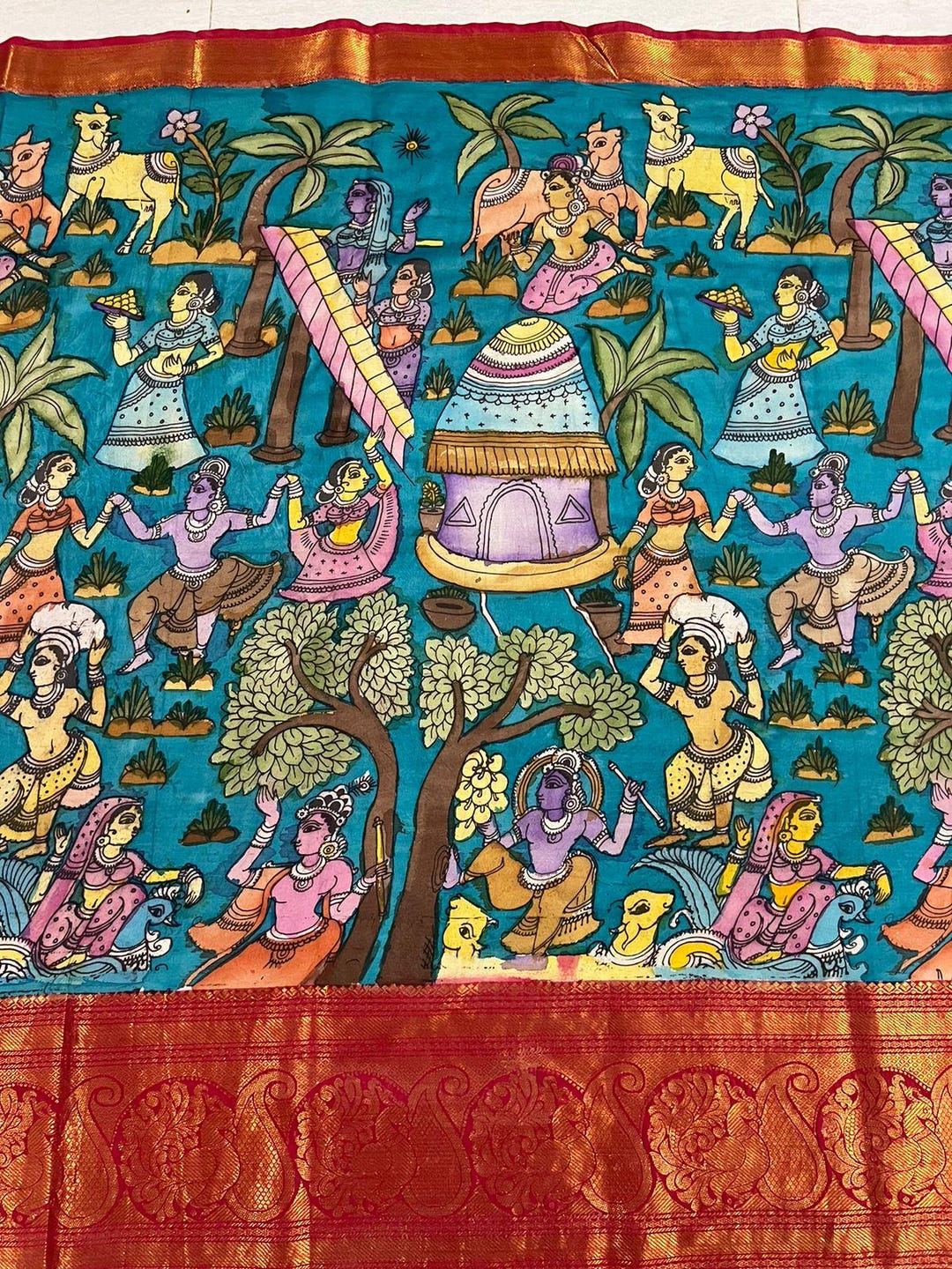 Peacock Blue Mermaid Pallu Authentic Pen Kalamkari on Chennuri Silk ...