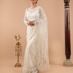 Ivory Net Saree With Sequin Embellishments - Etsy