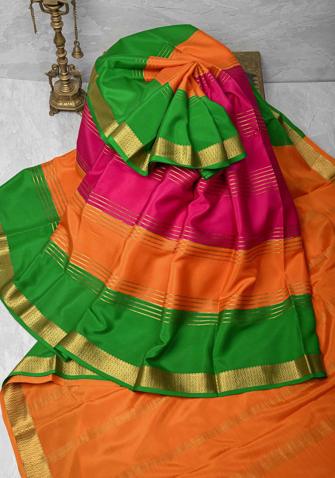 Dark Pink Silk Saree With Horizontal Zari Stripes and Panel Border in ...