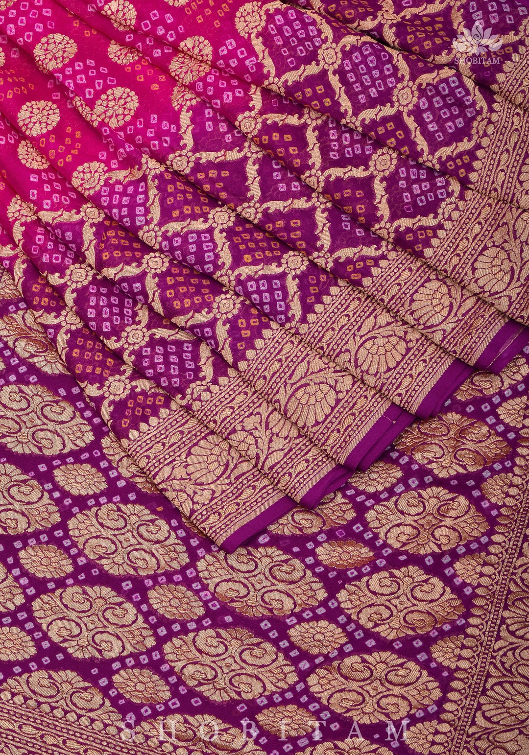Ombre Purple-pink Shades Authentic Hand Bandhej Banarasi Silk Georgette ...
