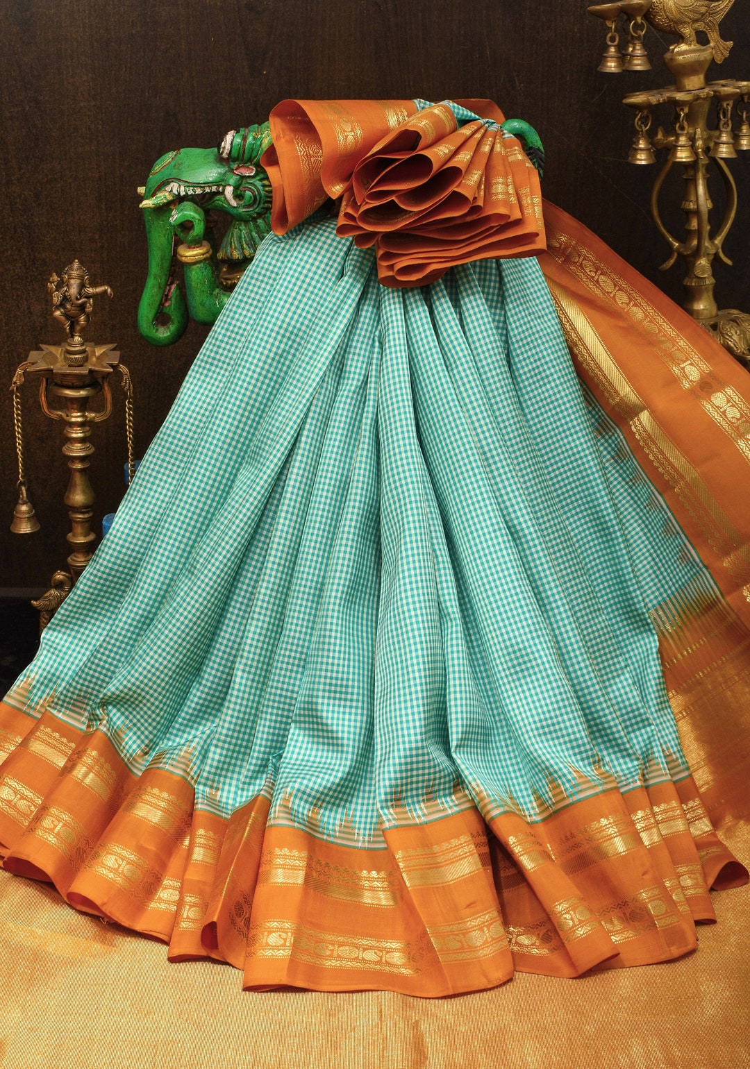 Green Kanjivaram Pure Silk Saree With Gingham Checks and Mustard Stack ...