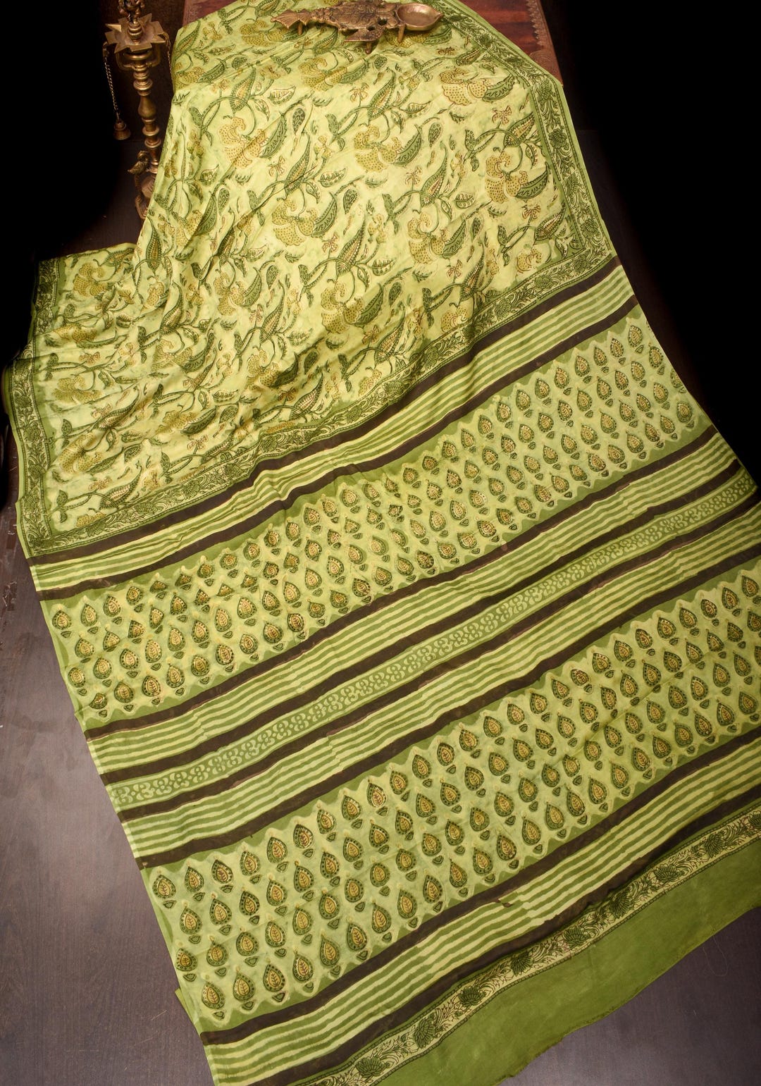 Tea Green Vanaspati Hand Block Print on Modal Silk Saree - Etsy