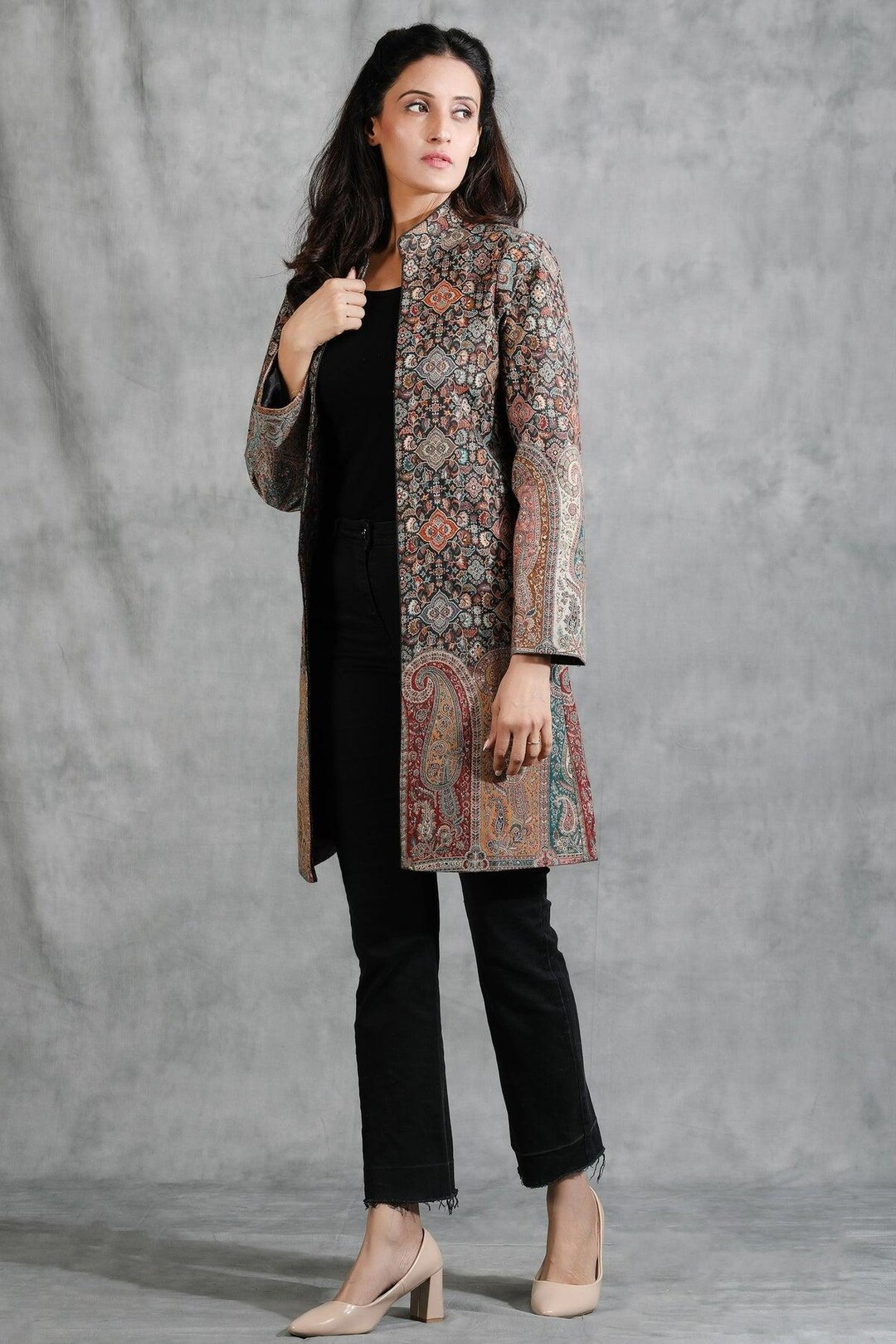Jamawar Design Kashmiri Coat in Black | Made to Order - Etsy