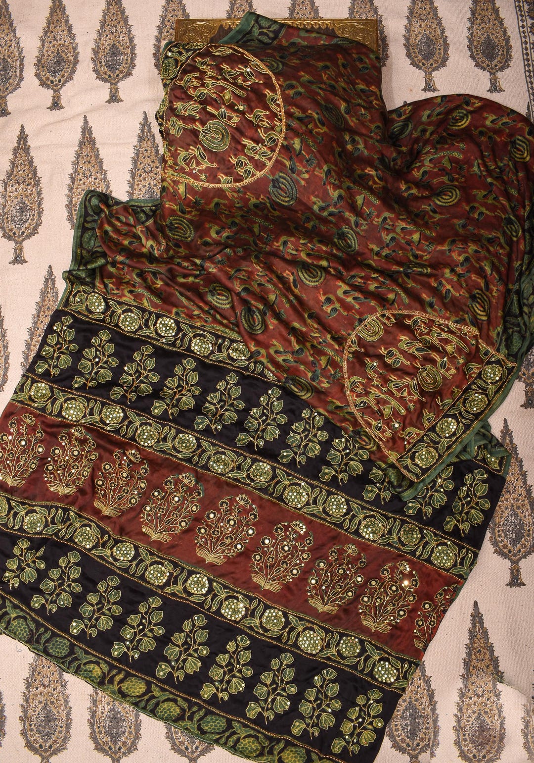 Maroon Vanaspati Block Print and Handwork on Modal Silk With Peacock ...