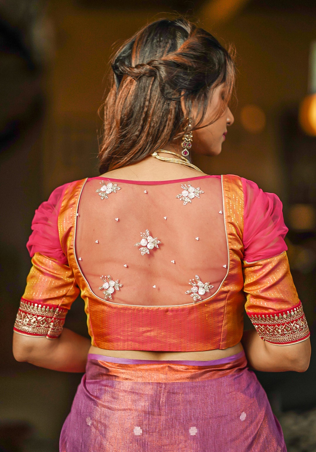 Mustard Dual Tone Pure Silk Blouse With Cutdana Net Back and Net Puff ...