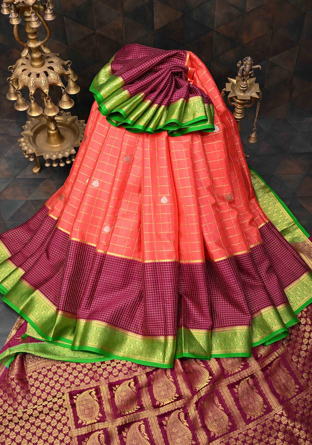 Orange Mysore Silk Saree With Checks and Checked Panel Zari Border in ...