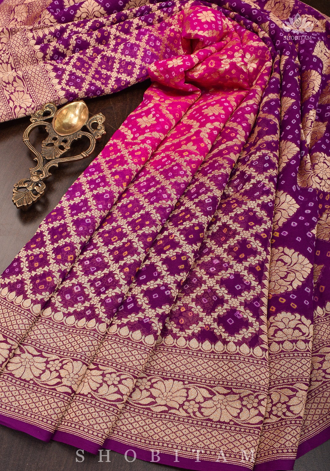 Ombre Purple-pink Shades - Authentic Hand Bandhej Banarasi Silk ...