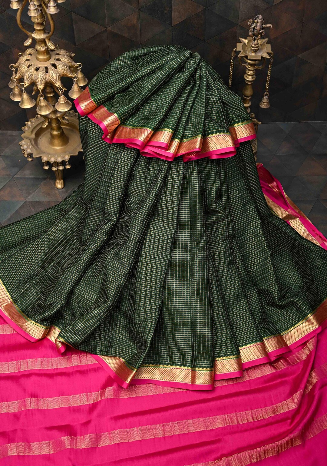 Dark Green Podi Kattam Zari Checks Mysore Silk Saree With Contrast Zari ...