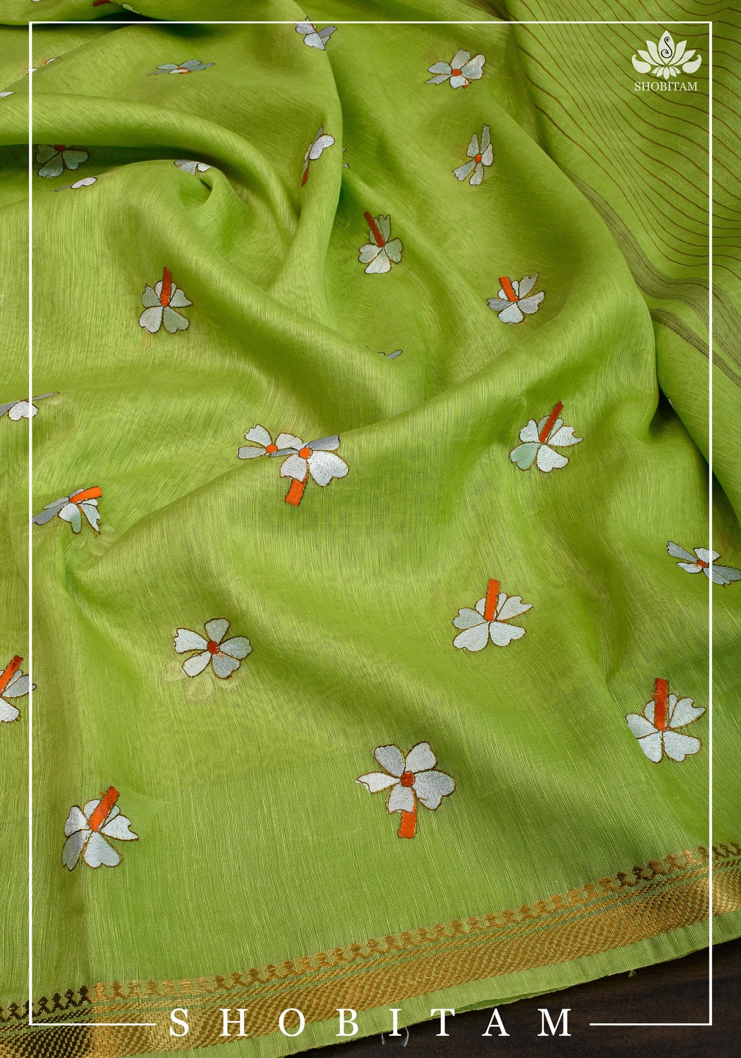 Silk Linen Saree in Lime Green With Parijaat Floral Embroidery - Etsy