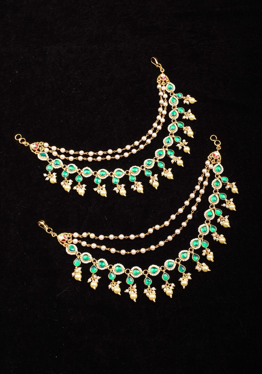 Traditional Indian Ear Chain With Emerald Accents | Shobitam Jewelry - Etsy