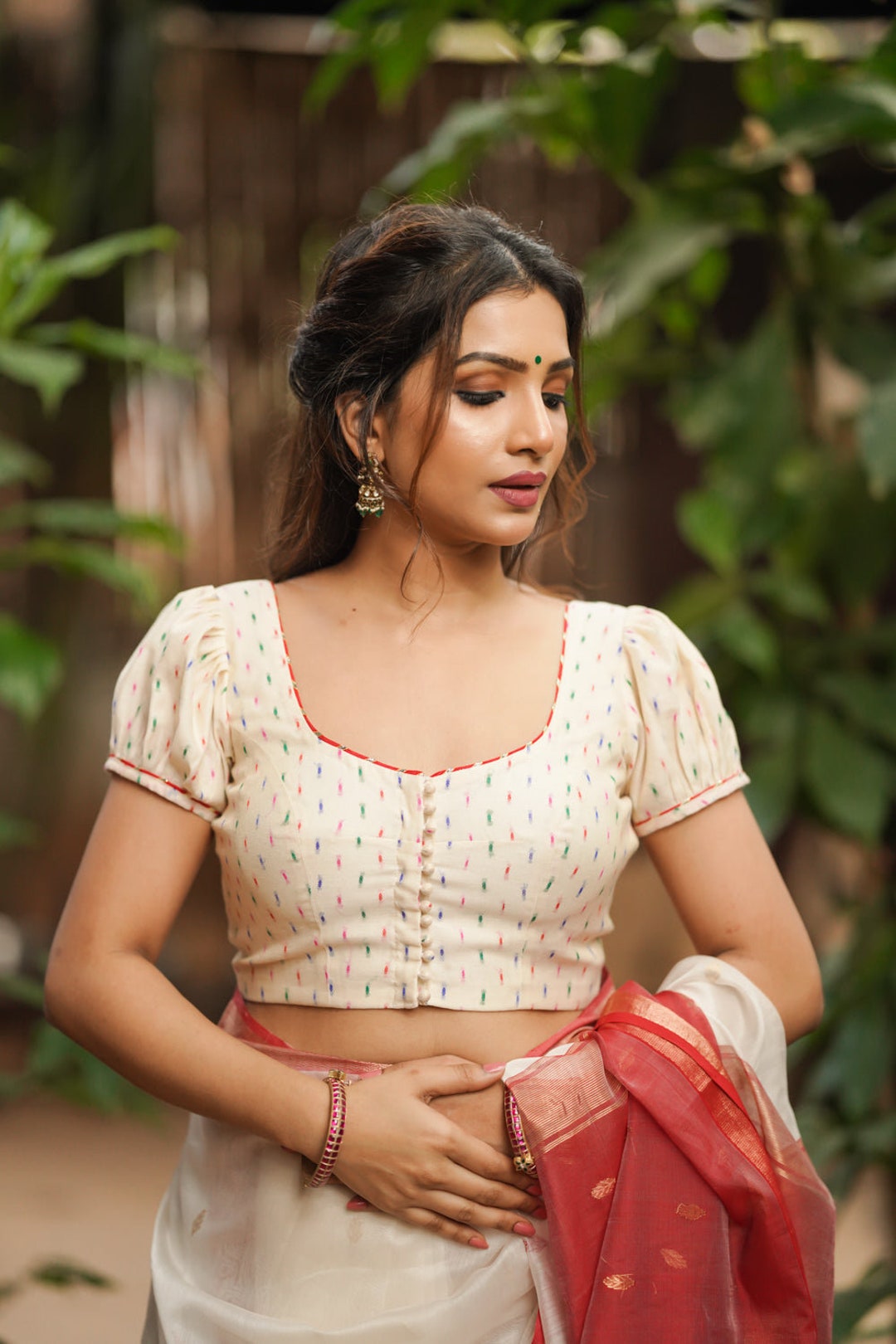 Off White Chanderi U Neck Blouse With Multicolour Weave & Puff Sleeves ...