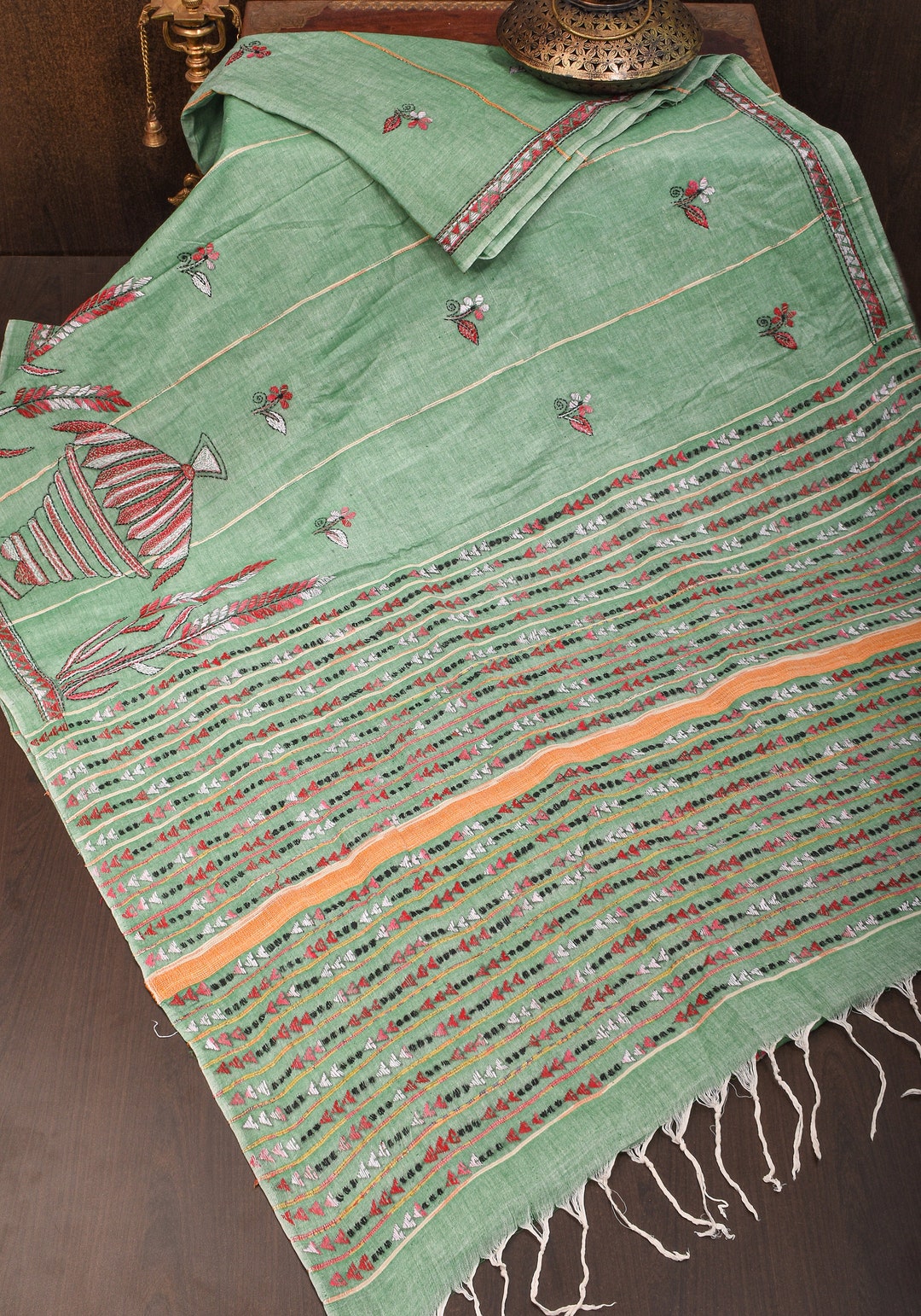 Patina Tone Hand Kantha Embroidery on Cotton Saree, No Blouse Piece - Etsy