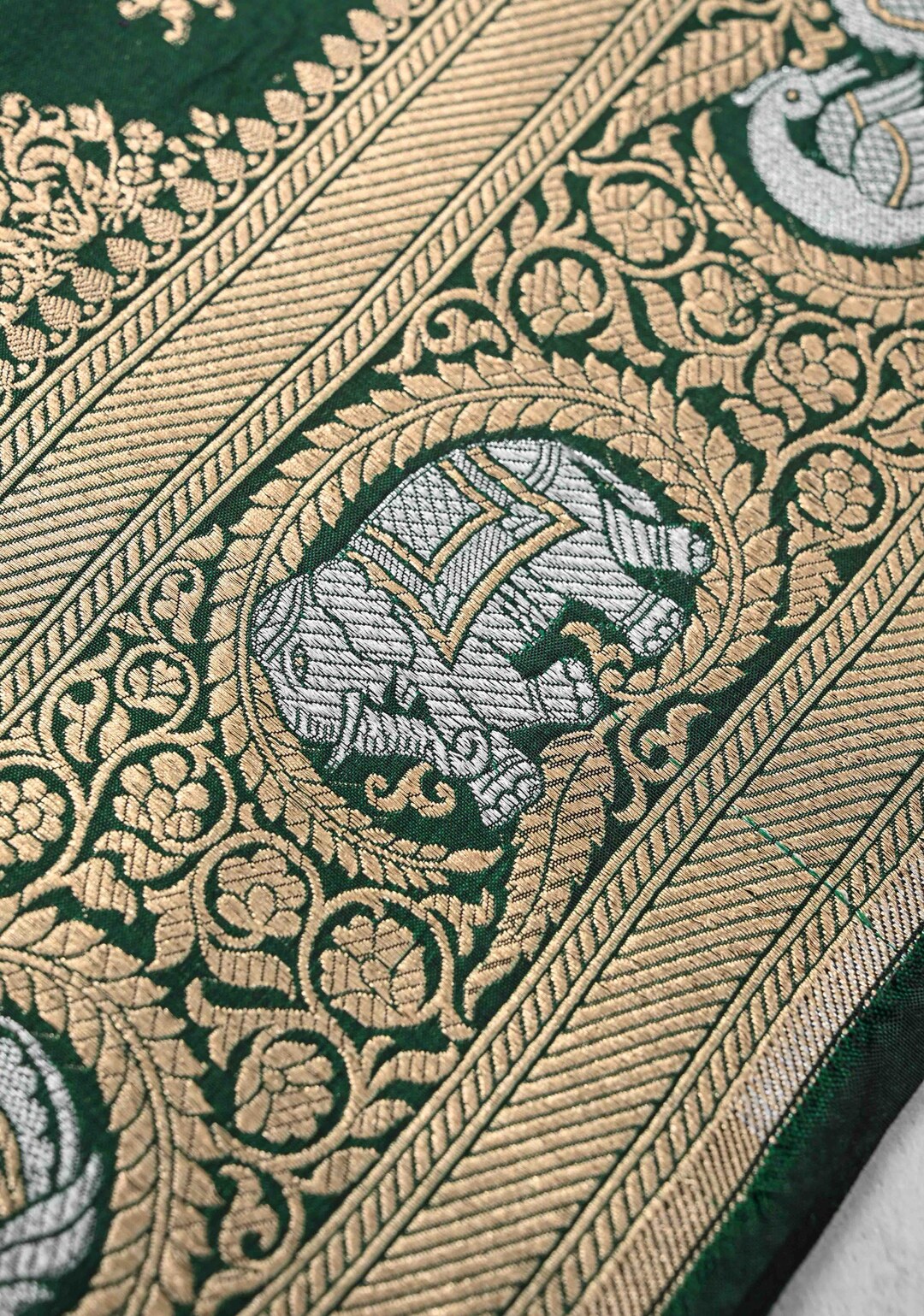 Green Alfi Jaal Brocade Pure Banarasi Katan Silk Saree With Peacock and ...