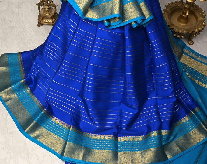 Royal Blue Mysore Silk Saree With Horizontal Zari Stripes and Zari ...