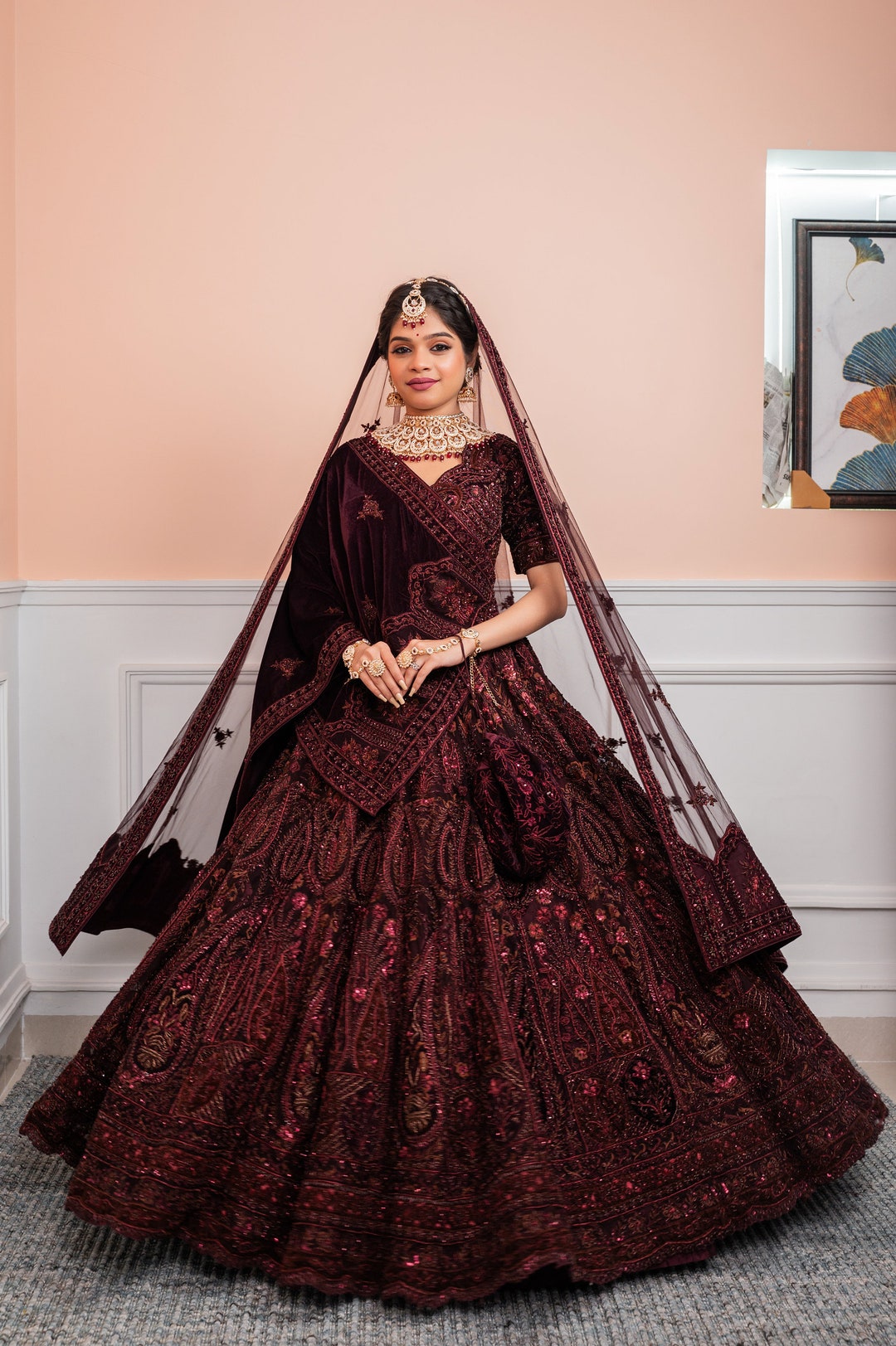 Deep Burgundy Bridal Lehenga With Double Dupatta, Customizable, Made to ...