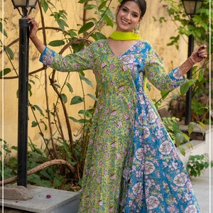 6 Meter Flare Lime Green and Ferozi Angrakha Anarkali Shobitam Made to ...