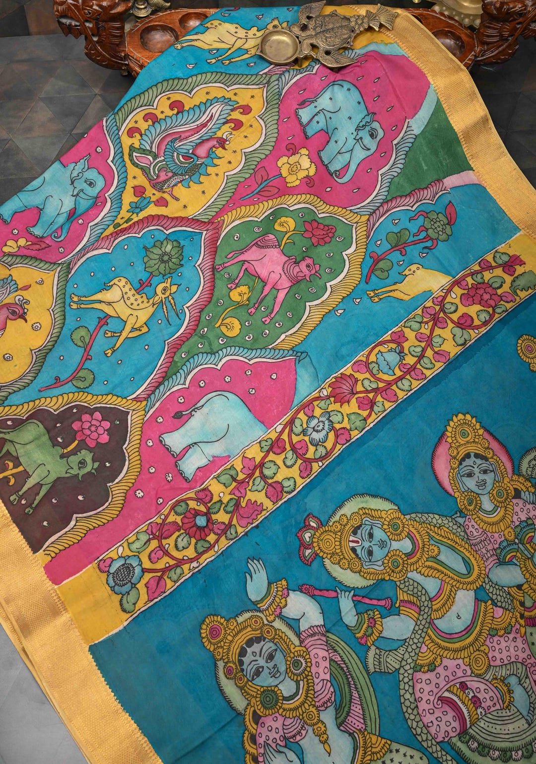 Dancing Radha Krishna With Animals Theme: Authentic Pen Kalamkari on ...