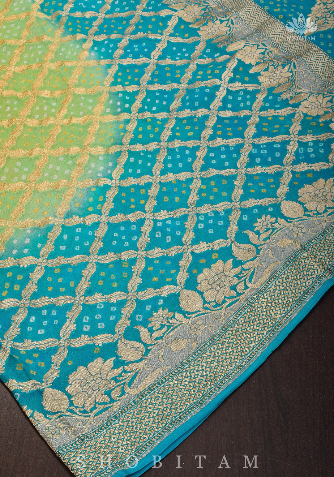 Ombre Sage-ferozi Shades Authentic Hand Bandhej Banarasi Silk Georgette ...