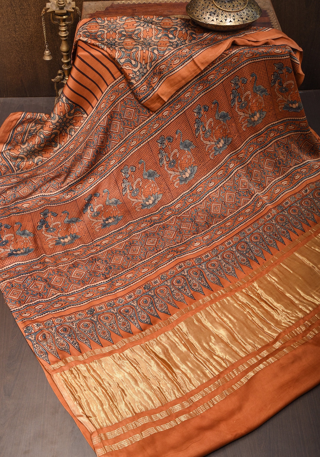 Ajrakh Hand Block Print on Burst Orange Modal Silk Saree With Lagda ...
