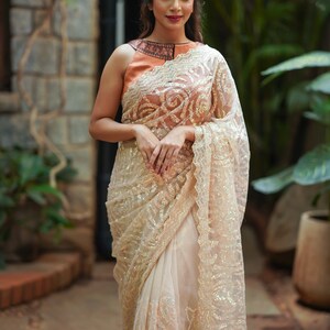 Champagne Color Swirl Design Sequins on Net Saree - Etsy