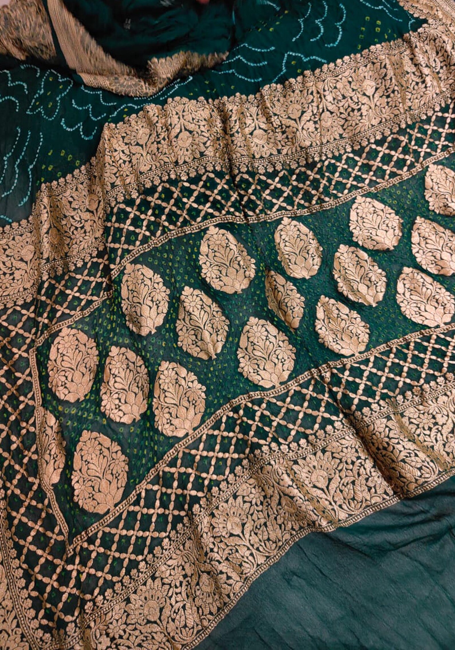 Emerald Green Sarkam Bandhej on Pure Banarasi Silk Georgette, SILK MARK ...