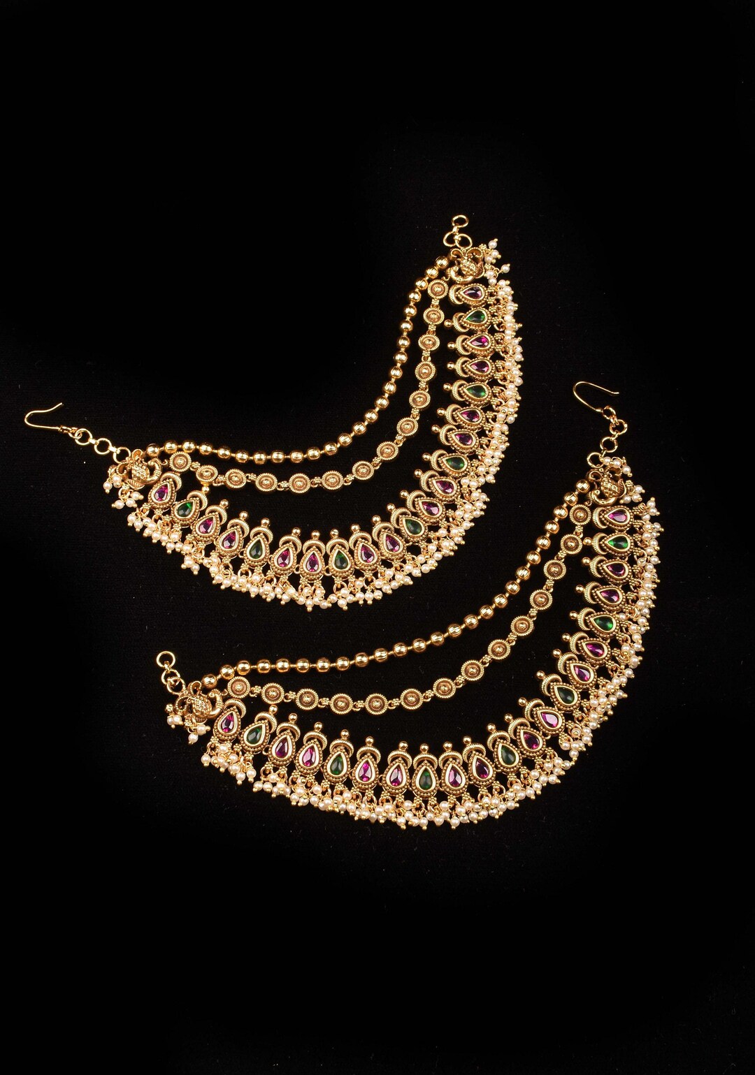 Pink and Green 3 Row Traditional Indian Ear Chains With Pearls and ...