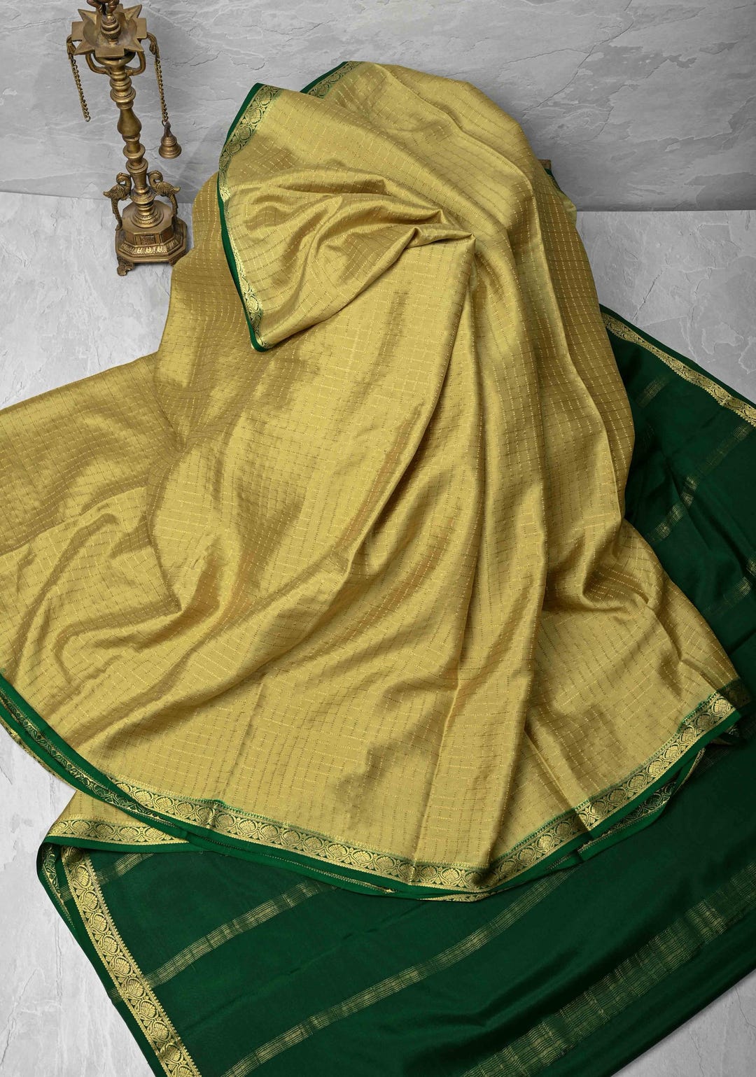 Pale Green Mysore Silk Saree With Zari Checks and Zari Border in Ksic ...