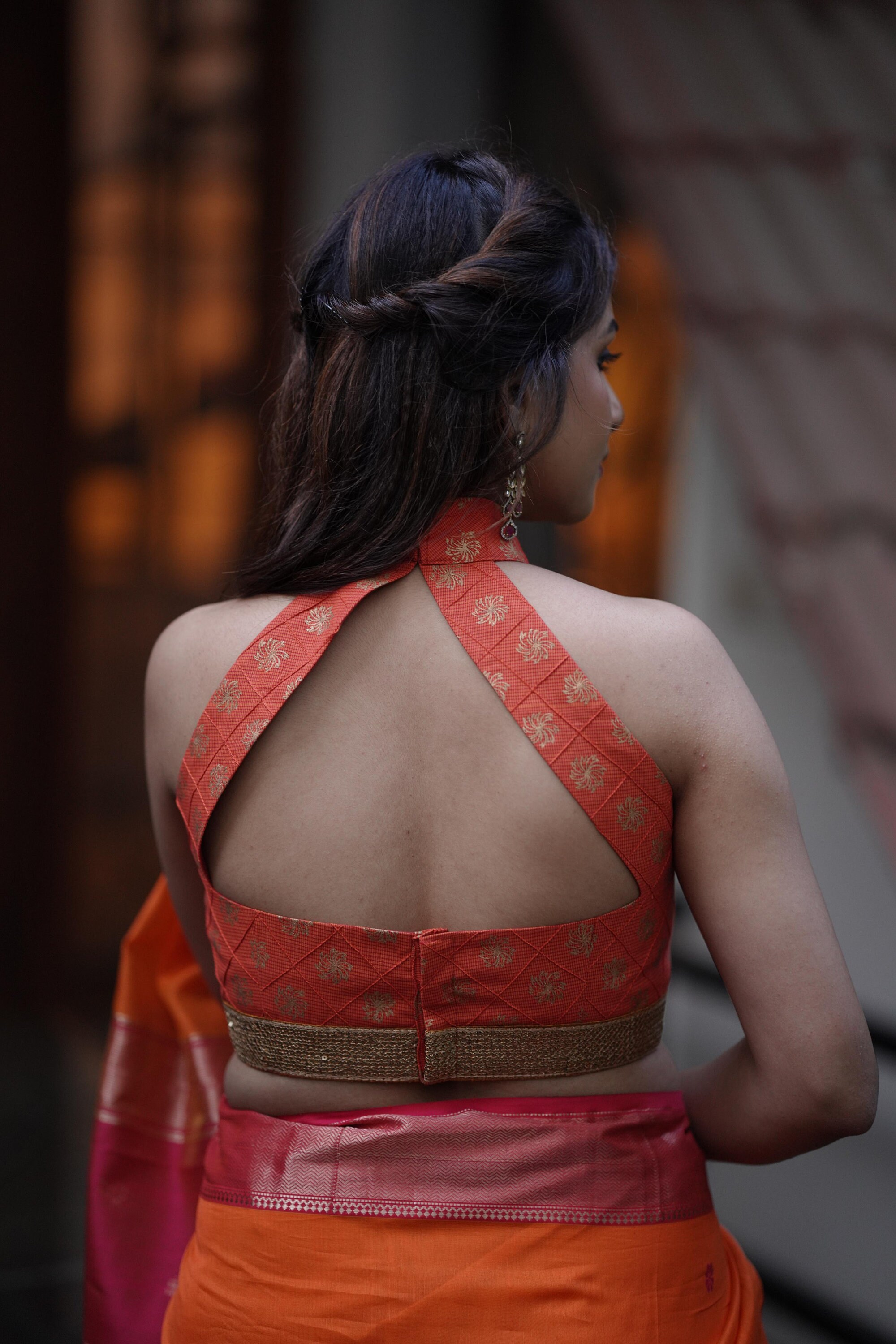 Orange Cotton Gold Printed Pintuck Halter Neck Blouse, Made Orange Cotton Gold Printed Pintuck Halter Neck Blouse, Made